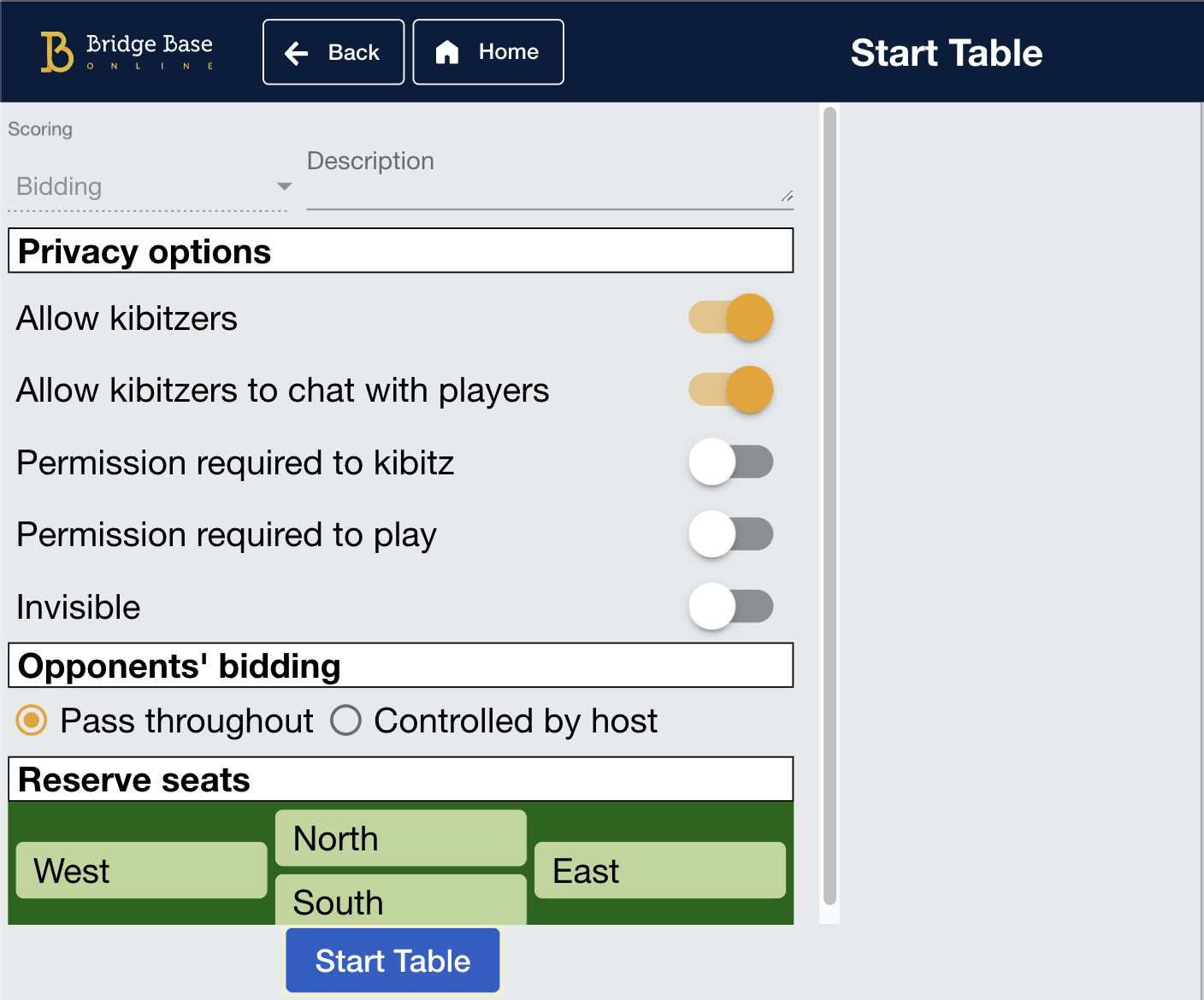 Practice Bidding Table